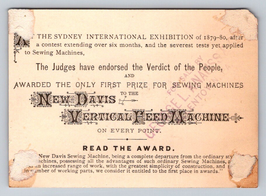 1880 New Davis Vertical Feed Machine Sewing George KNauss Allentown PA ...