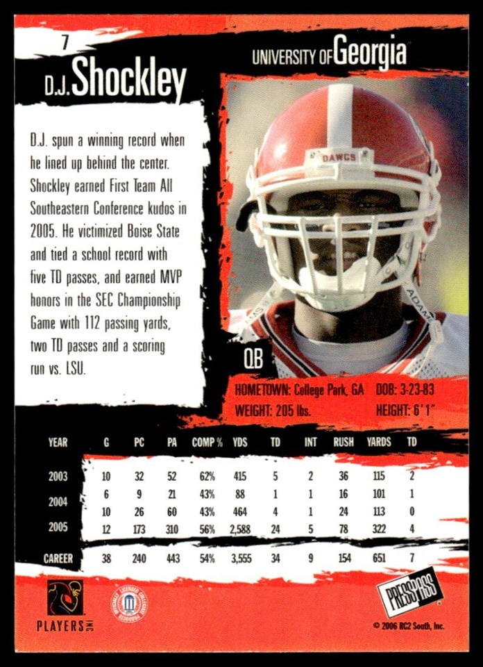 2006 Press Pass D.J. Shockley Rookie Georgia Bulldogs #7 | eBay