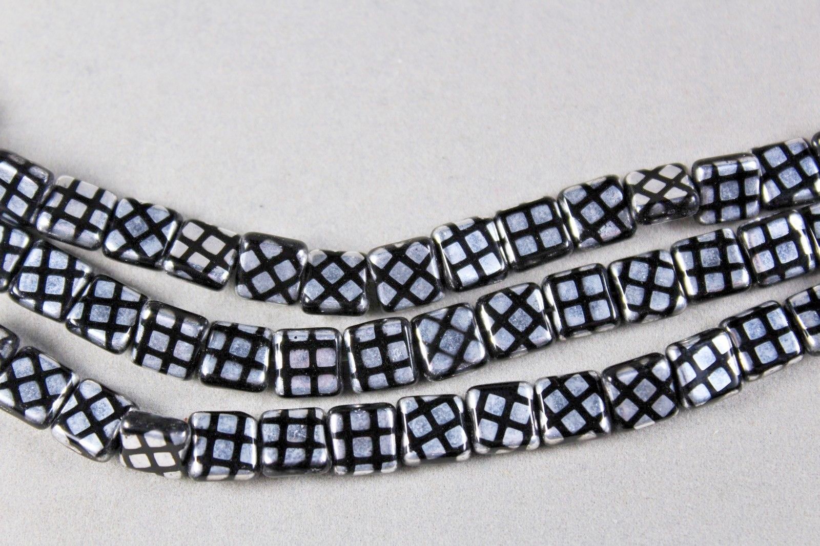 Vintage Czech Black & Metallic Silver Check Pattern Glass Square Beads ...