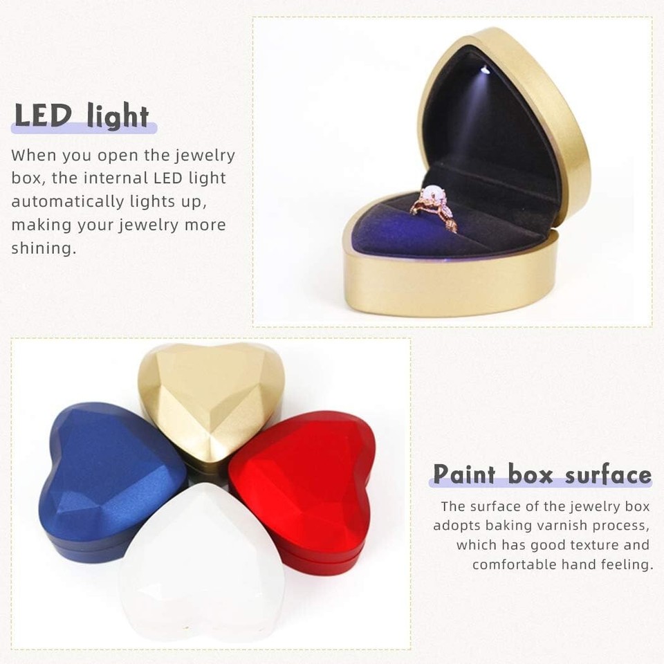 Heart Shaped Ring Gift Box with LED Light Velvet Earrings Jewelry Case ...
