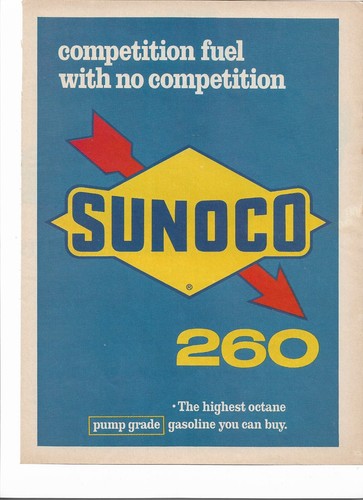 SUNOCO Sign Vtg 1966 Print Ad Racing Fuel Pump Grade 260 Octane ...