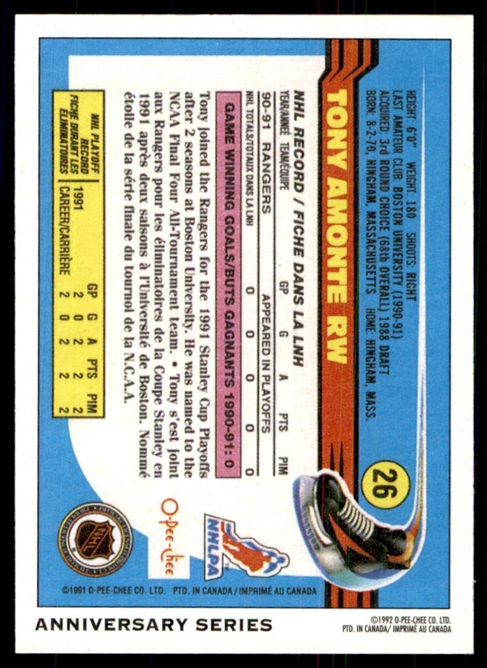 1992-93 O-Pee-Chee 25th Anniversary Tony Amonte New York Rangers #24 ...