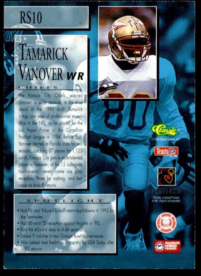 1995 CLASSIC NFL ROOKIES ROOKIE SPOTLIGHT TAMARICK VANOVER KANSAS CITY ...