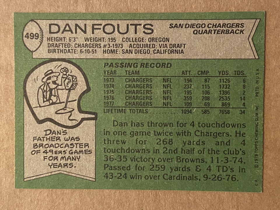 DAN FOUTS Signed HOF 1978 Topps #499 SD Chargers Oregon Ducks Autograph ...