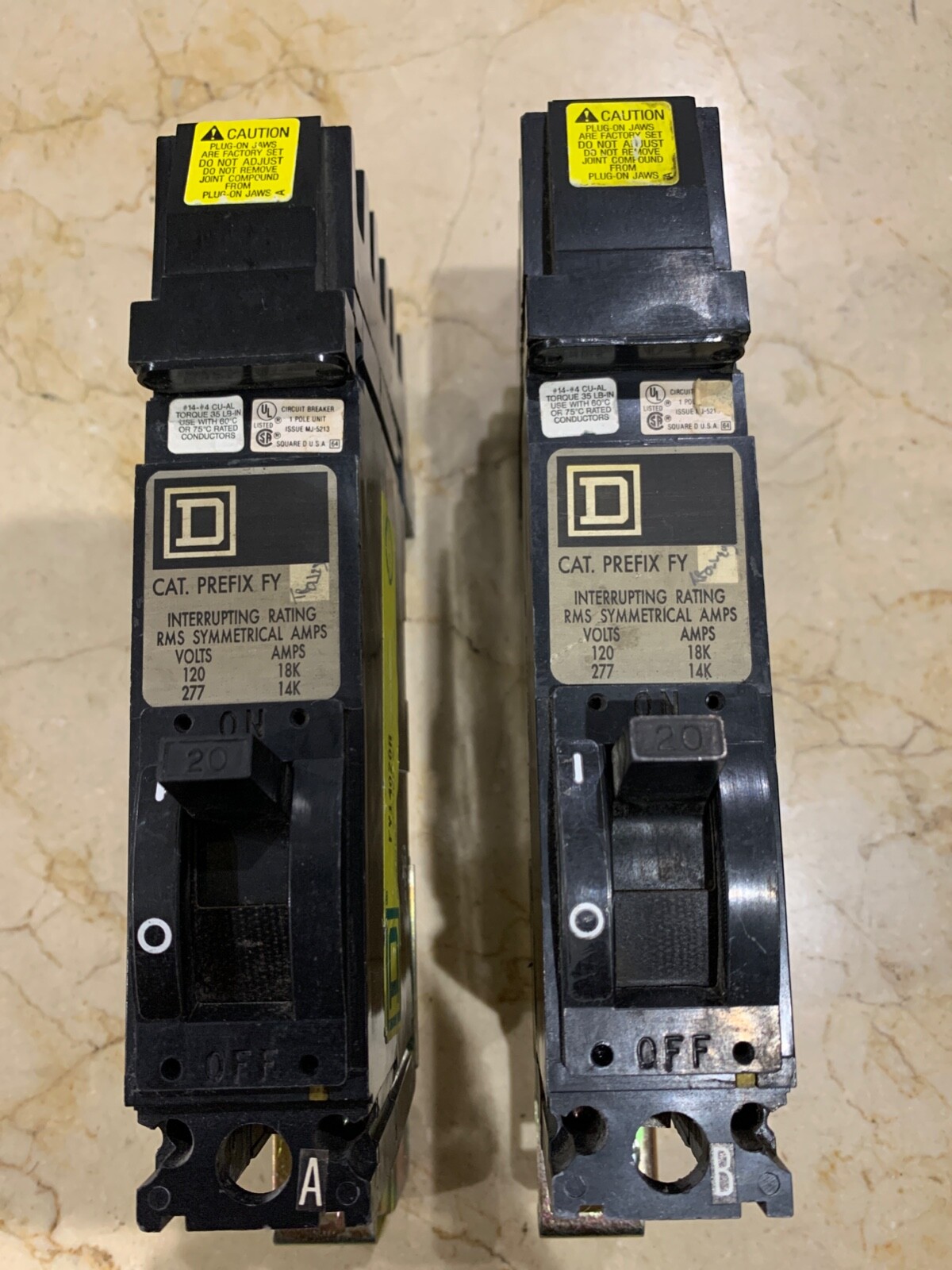 Lot Square D FY14020B And FY14020A I Line Circuit Breaker 20 Amp 1 Pole ...
