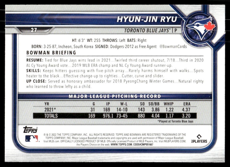 Hyun-Jin Ryu 2022 Bowman #27 Toronto Blue Jays Baseball Card | eBay