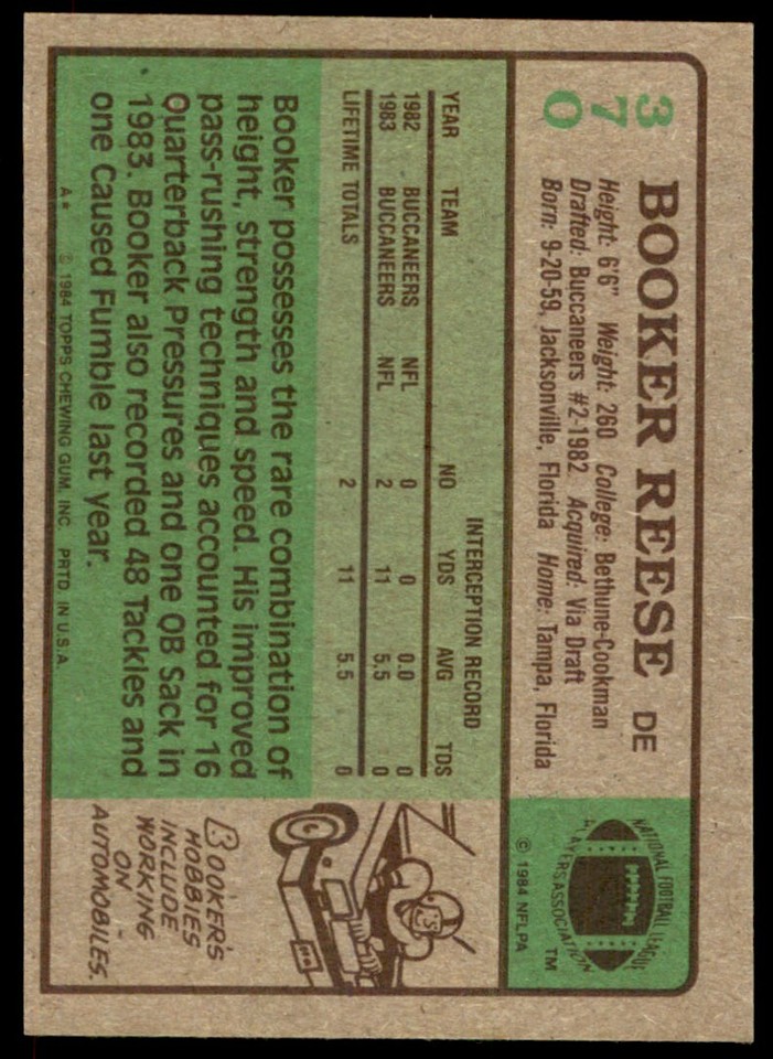 1984 Topps Booker Reese #370 Tampa Bay Buccaneers Rookie 69FIQp FREE ...
