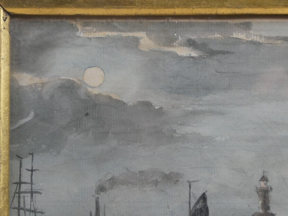 Antique English School Seaport Sketch Watercolour Gouache over Graphite ...