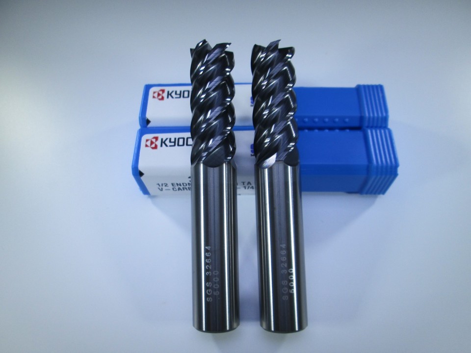 LOT ( 2 ) KYOCERA SGS 32664 V-CARB SOLID CARBIDE 1/2" 5 FLUTE END MILLS ...