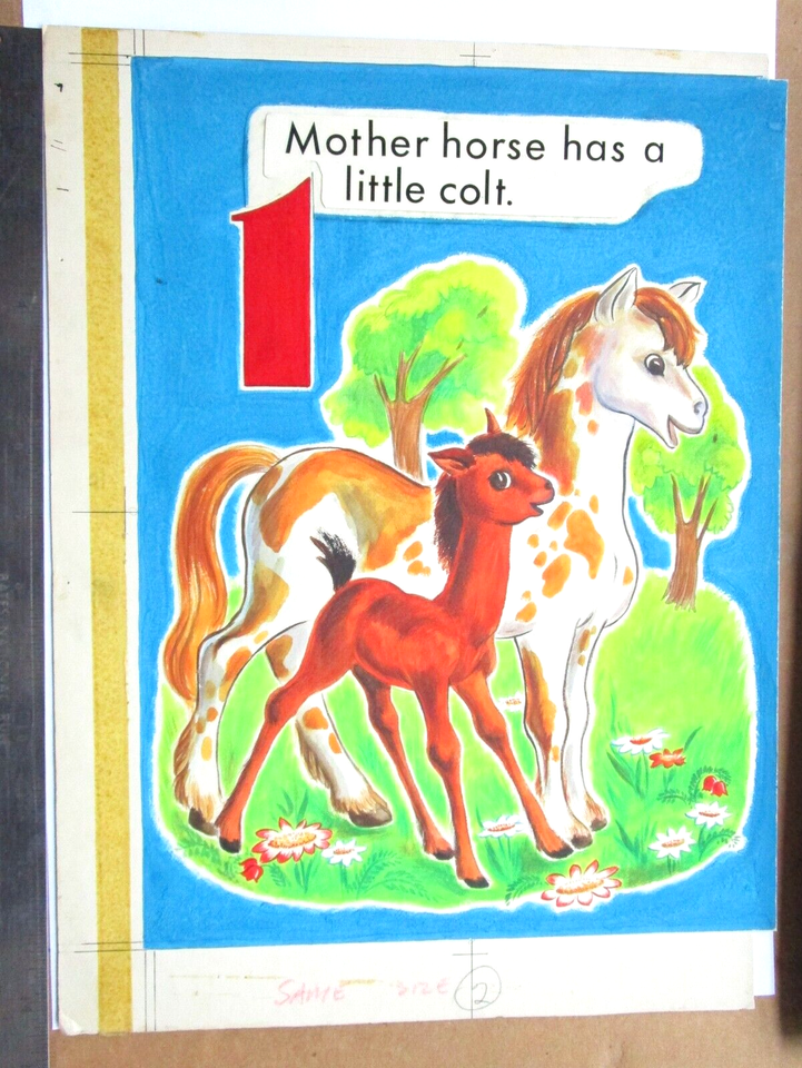 CHILDREN'S BOOK PAINTING 1950s HORSE - COUNT THE ANIMALS ORIGINAL ...