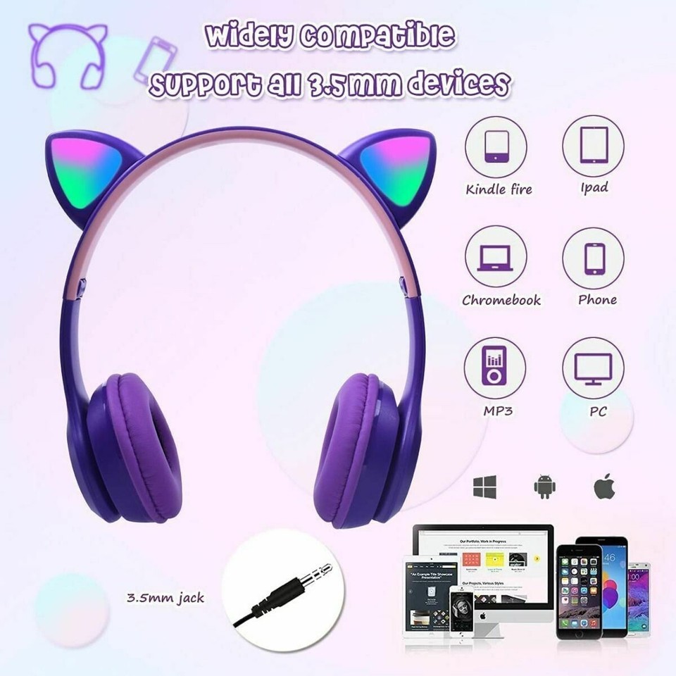 Wireless Bluetooth 5.0 Headset Cat Rabbit Ear LED Headphone w/Mic For ...