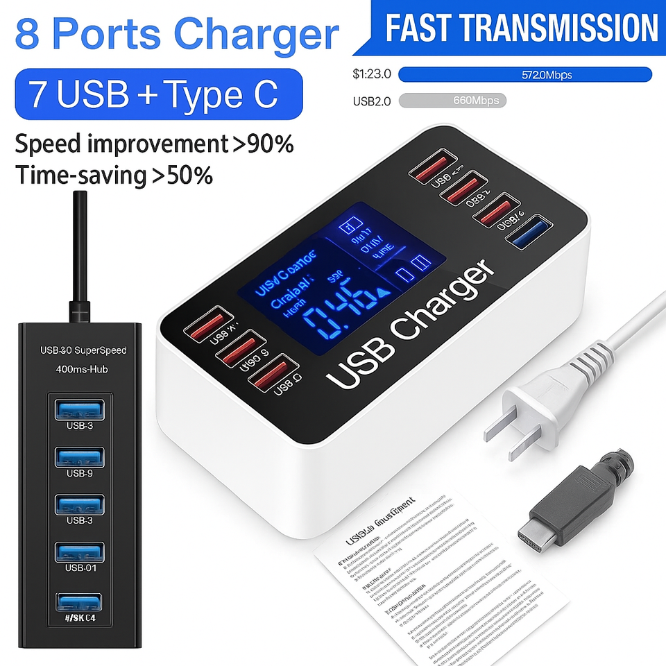 Multi USB 8-Port Fast Desktop Hub Wall Charger Charging Station Quick ...