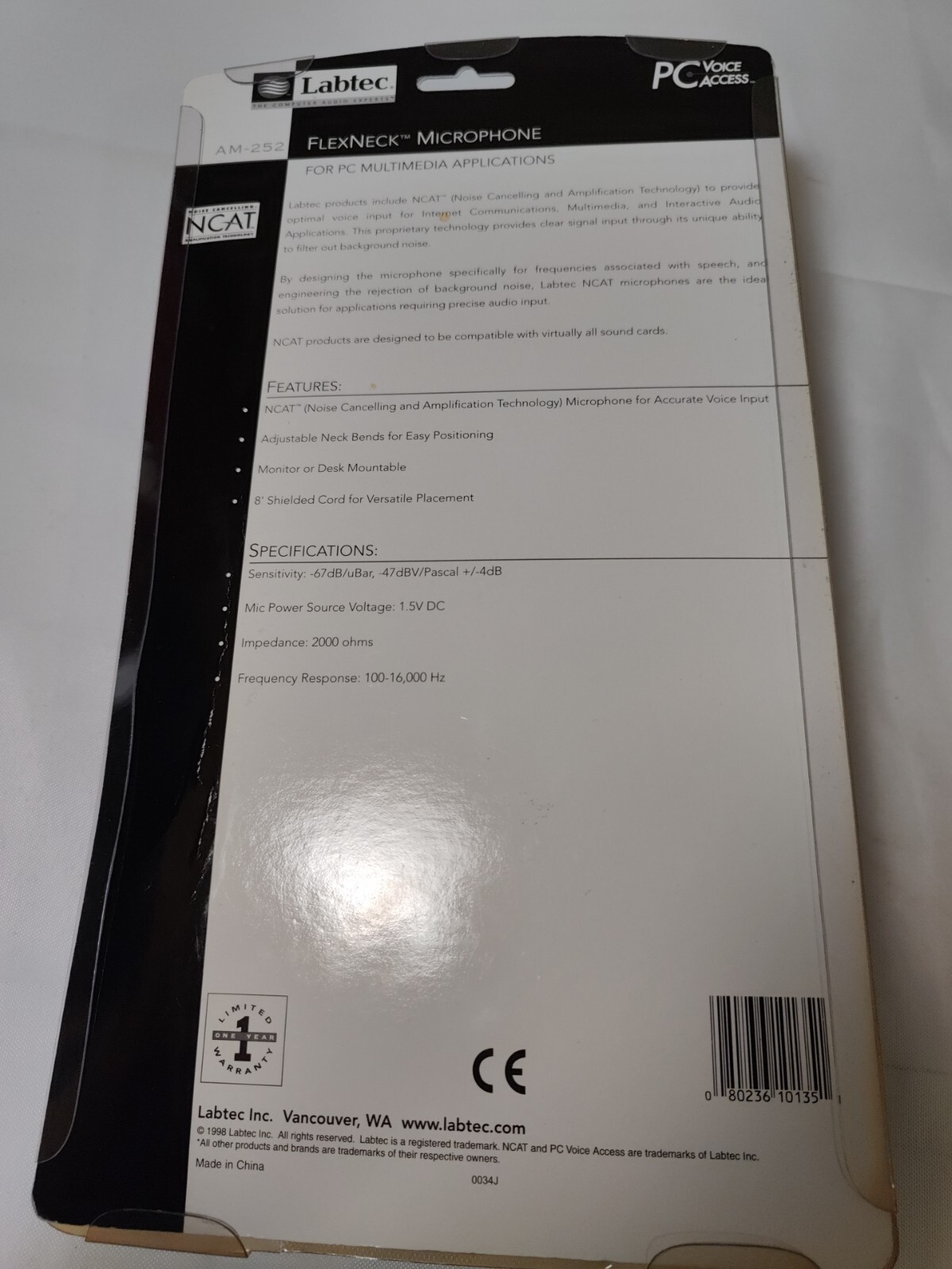 Labtec Am-252 FlexNeck Microphone Uni-directional NCAT Noise Cancelling ...