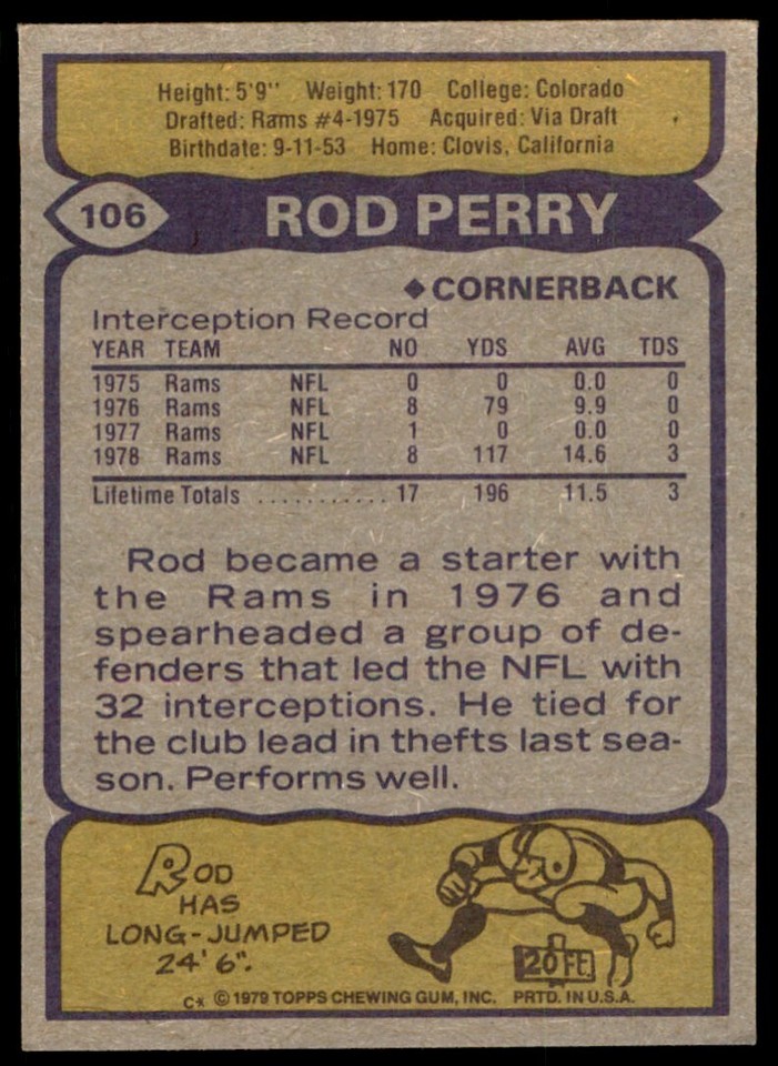 1979 TOPPS ROD PERRY . LOS ANGELES RAMS #106 | eBay