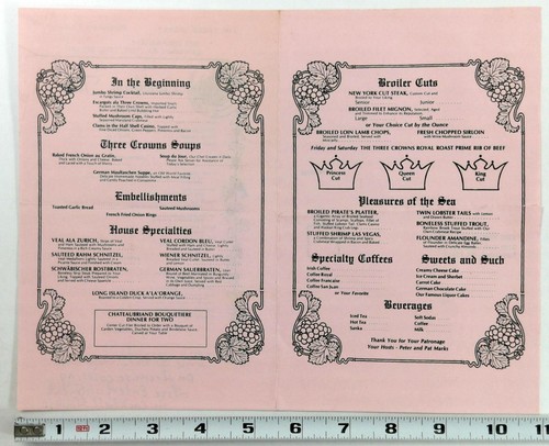 Vintage Original Menu THE THREE CROWNS Restaurant Lancaster ...