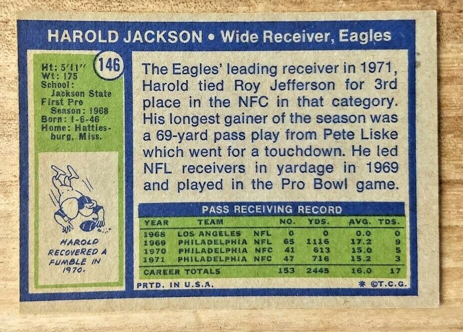 1972 TOPPS HAROLD JACKSON CARD#146 LOS ANGELES RAMS PHILADELPHIA EAGLES ...