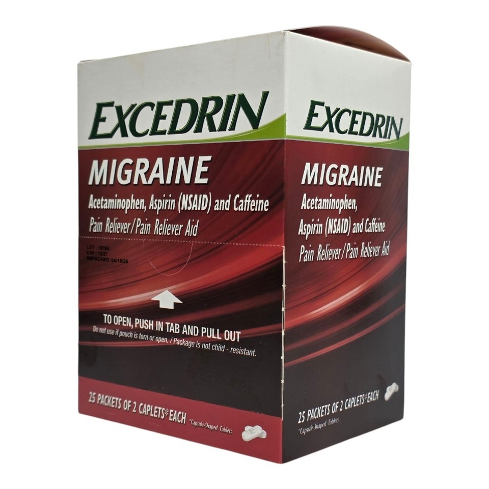 Excedrin Migraine Caplets 4 Box Of 25 Packets of 2 Caplets Exp. Date 12 ...