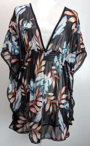 Kona Sol Womens Cover Up Medium Tropical Floral PomPom Trim Smock Chest ...