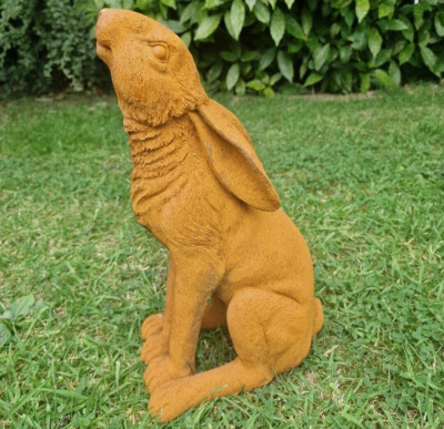 Cold Cast Iron Sitting Moon Gazing Rusty Hare Garden Outdoor Sculpture ...