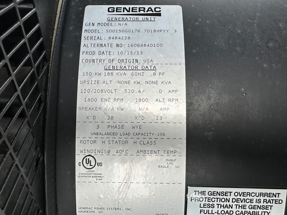Used Generac 150 kW diesel generator EPA Tier 3 eng 258 Hrs Yr 2013 ...