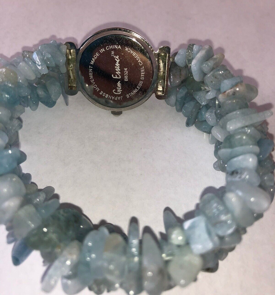 Gem Essence Blue Quartz Watch Stretch Bracelet Band Mother of Pearl ...