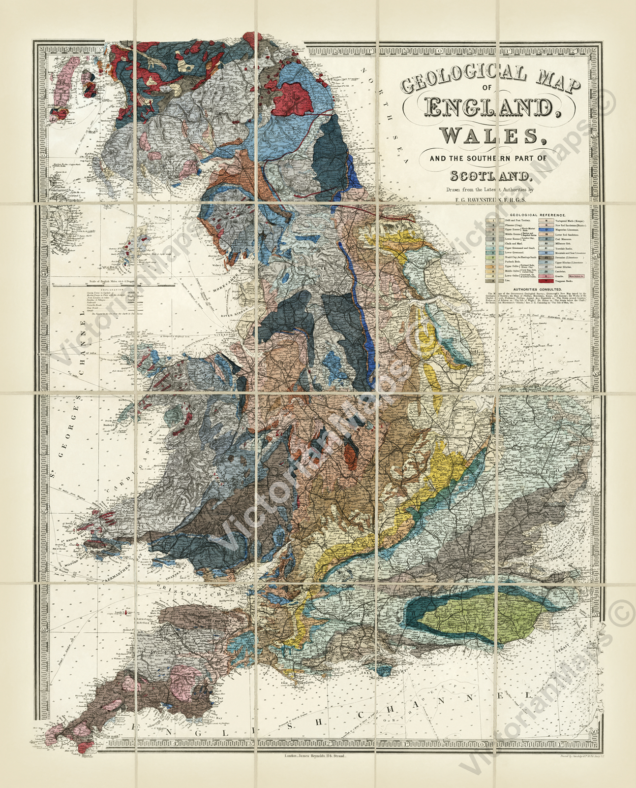 antique Victorian geological map England Wales Ravenstein 1865 art ...