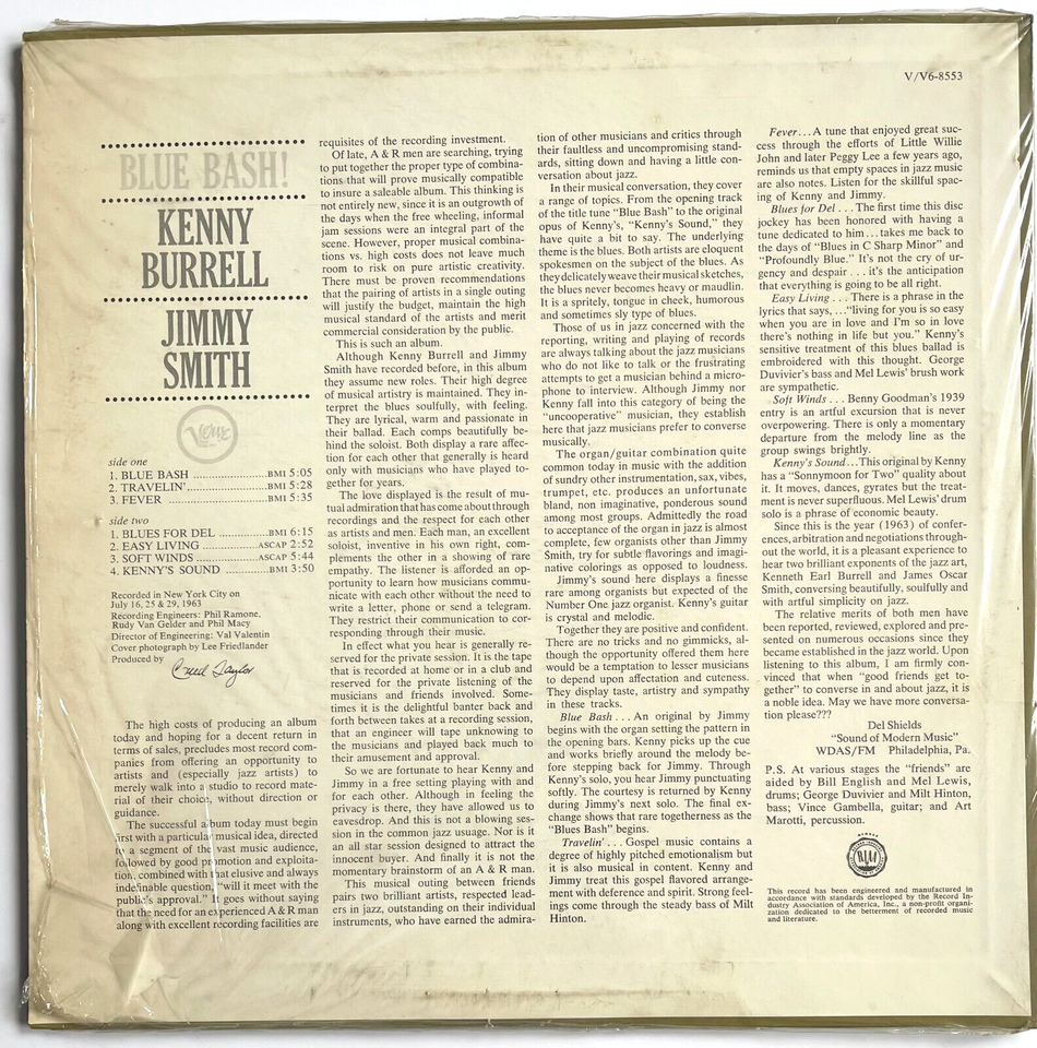 KENNY BURRELL & JIMMY SMITH BLUE BASH! VERVE STEREO VINYL LP IN SHRINK ...
