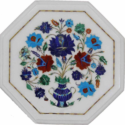 12" Marble Side Table top handicraft floral inlay semi precious stones ...