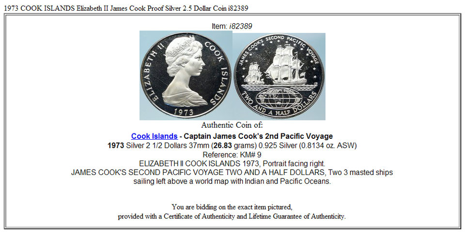 1973 COOK ISLANDS Elizabeth II James Cook Proof Silver 2.5 Dollar Coin ...