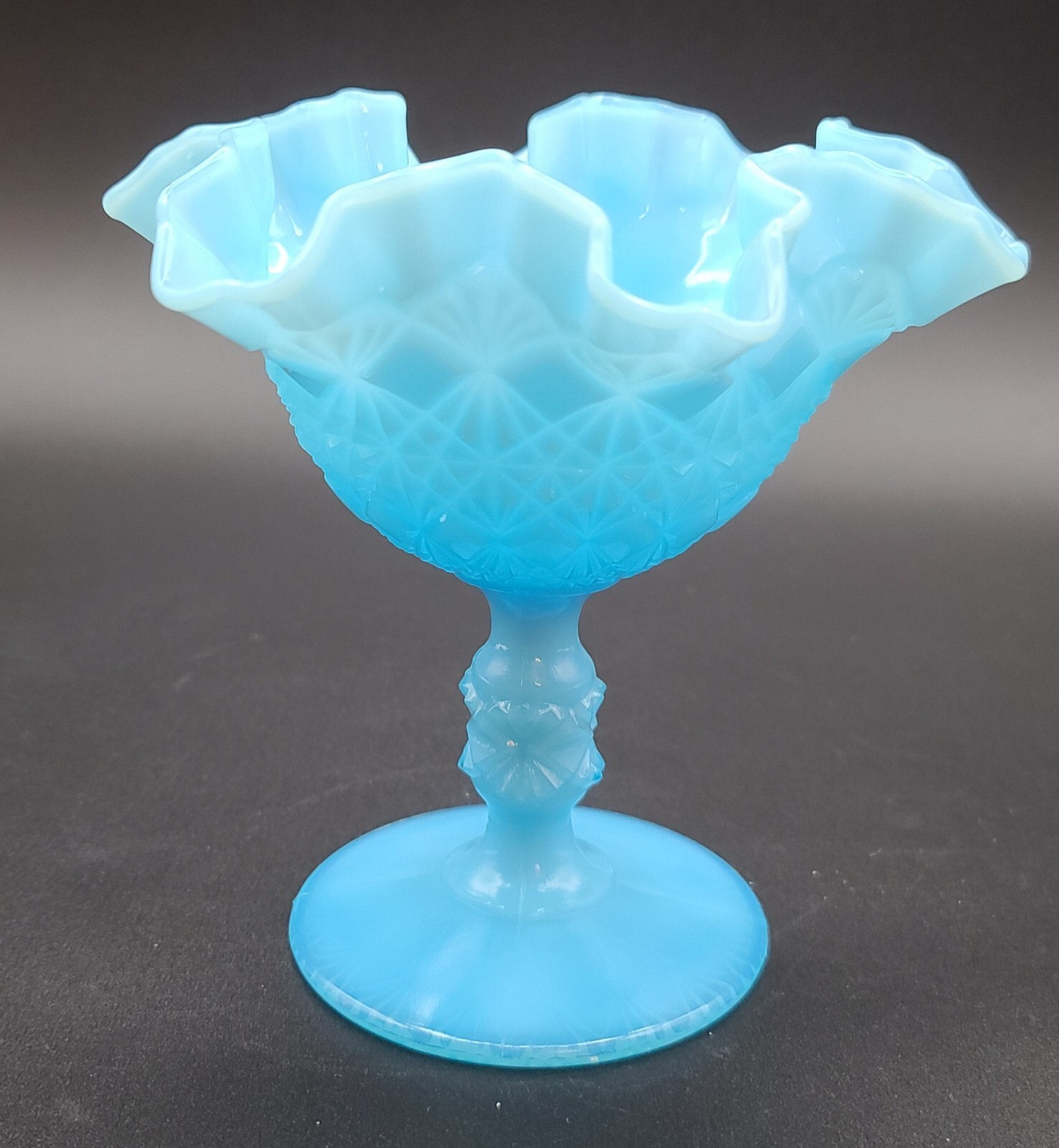 Vtg Fenton Baby Blue Glass Diamond Cut Pedestal Compote Ruffled Edge ...