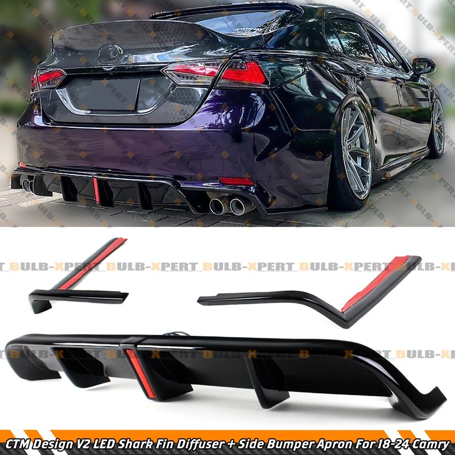 FOR 2018-2024 TOYOTA CAMRY CTM GLOSS BLACK LED REAR DIFFUSER + V2 SIDE ...
