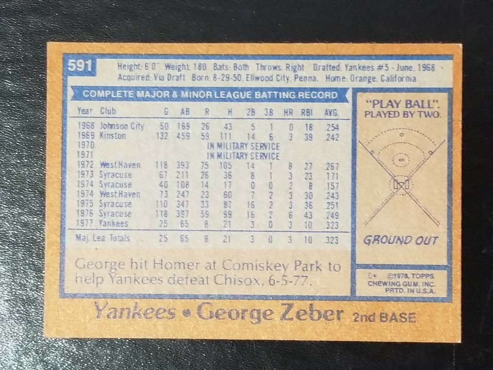 1978 Topps Baseball #591 " George Zeber " 2nd Base Yankees NM/MT | eBay