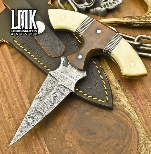 LMK Custom Full Tang Knife Fire Damascus Bone Wooden Bolster EDC Rare ...