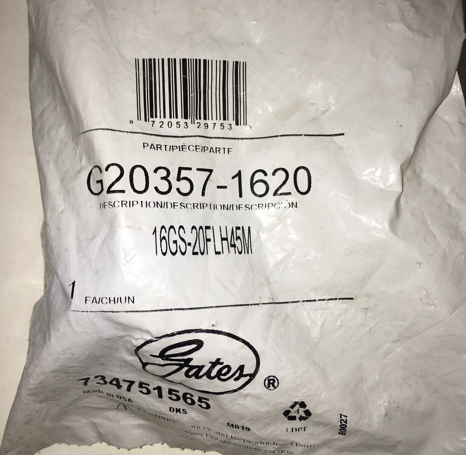 Gates G20357-1620 16GS-20FLH45M Hydraulic Hose Fitting GLOBAL SPIRAL ...