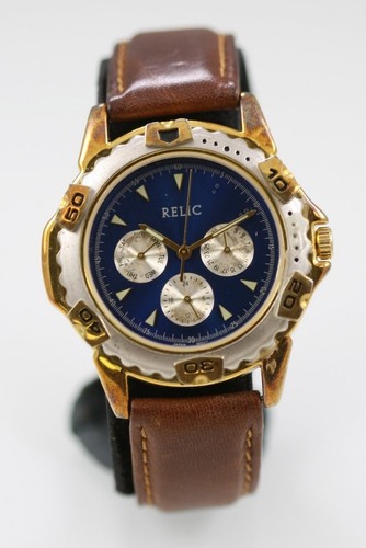 Relic Watch Men Stainless St Gold Silver 30m Brown Leather Day Date ...