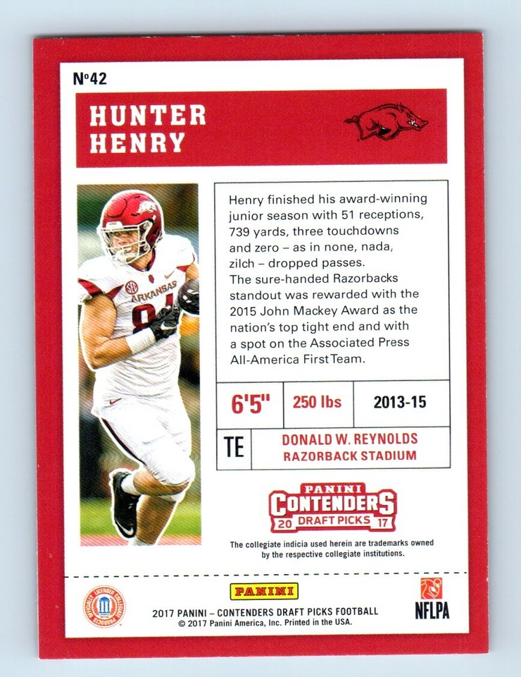2017 Panini Contenders Draft Picks Hunter Henry Arkansas Razorbacks #42 ...