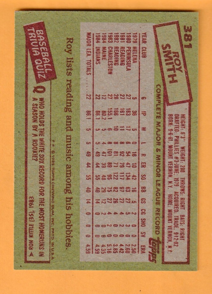 Roy Smith Cleveland Indians AUTO Signed 1985 Topps Mount Vernon New ...