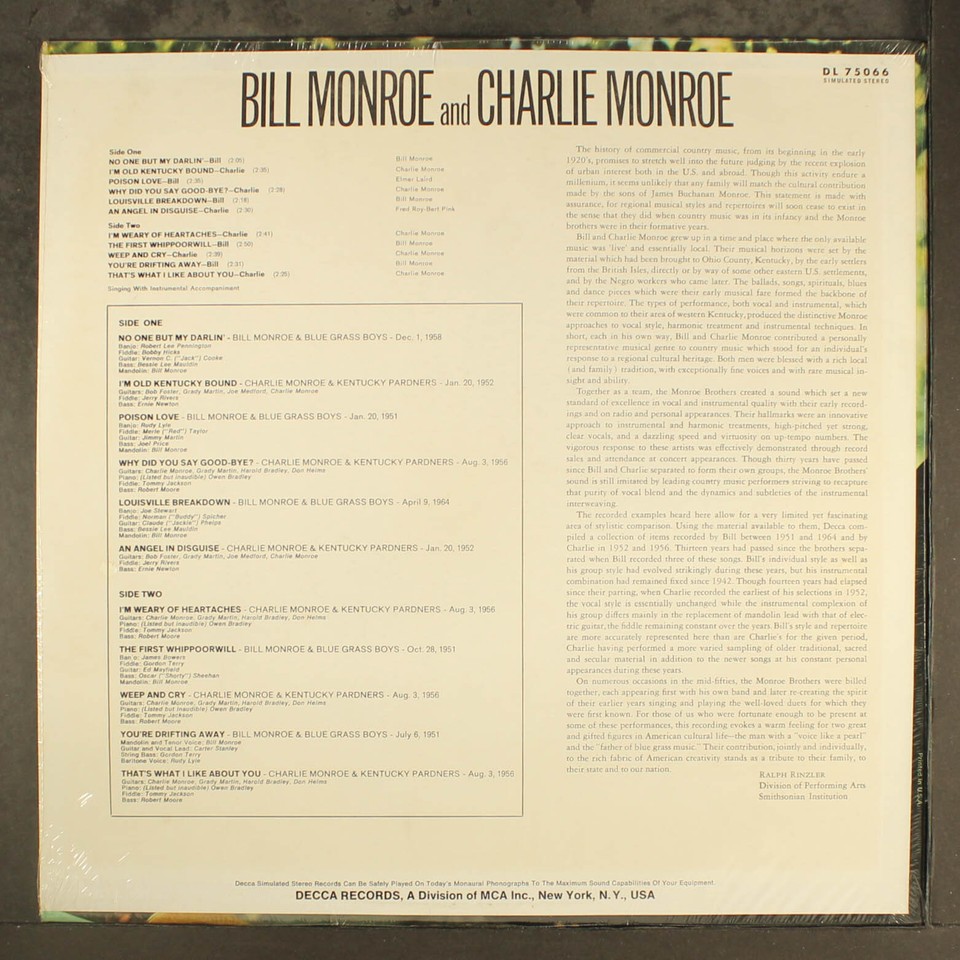 BILL MONROE: and charlie monroe DECCA 12" LP 33 RPM Sealed | eBay