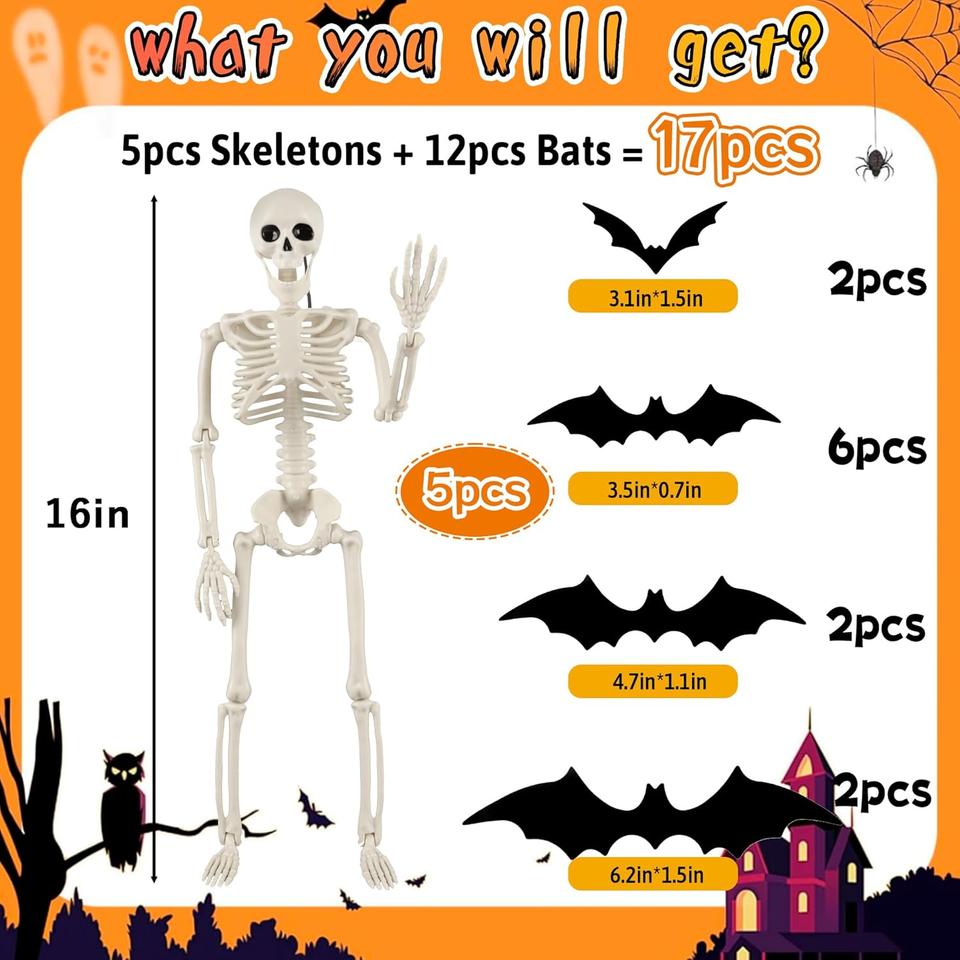 16" Posable Small Halloween Skeleton Decor 5 Pack with 12 Bats - Full ...