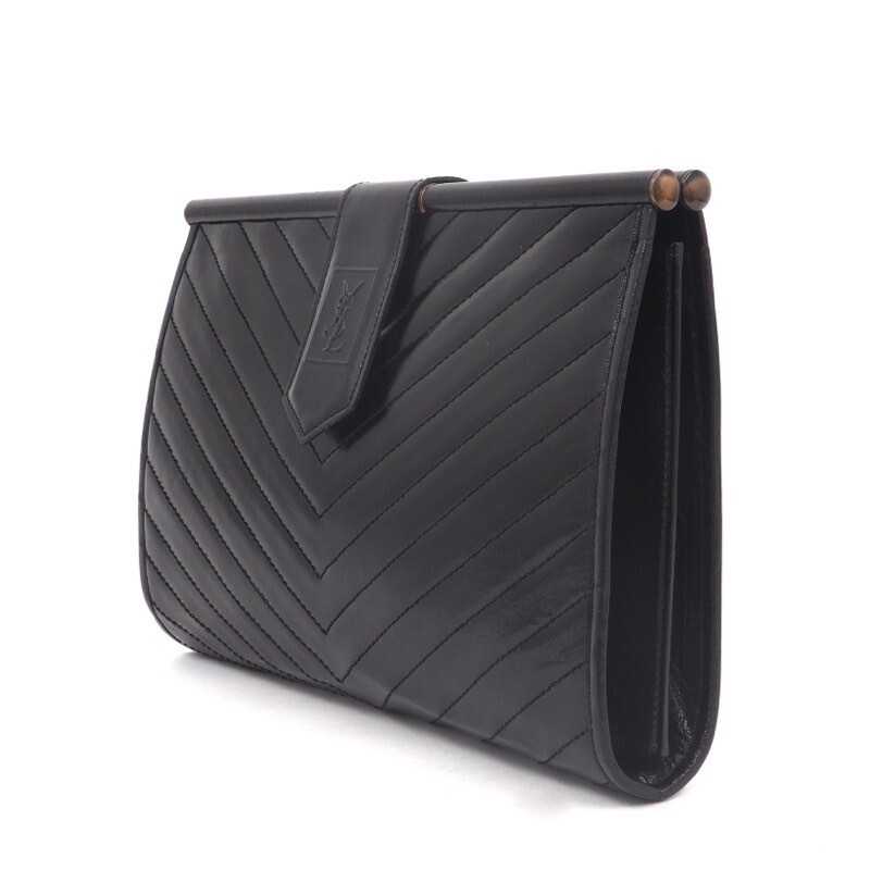 auth-yves-saint-laurent-clutch-bag-handbag-black-vintage-chevron-ysl