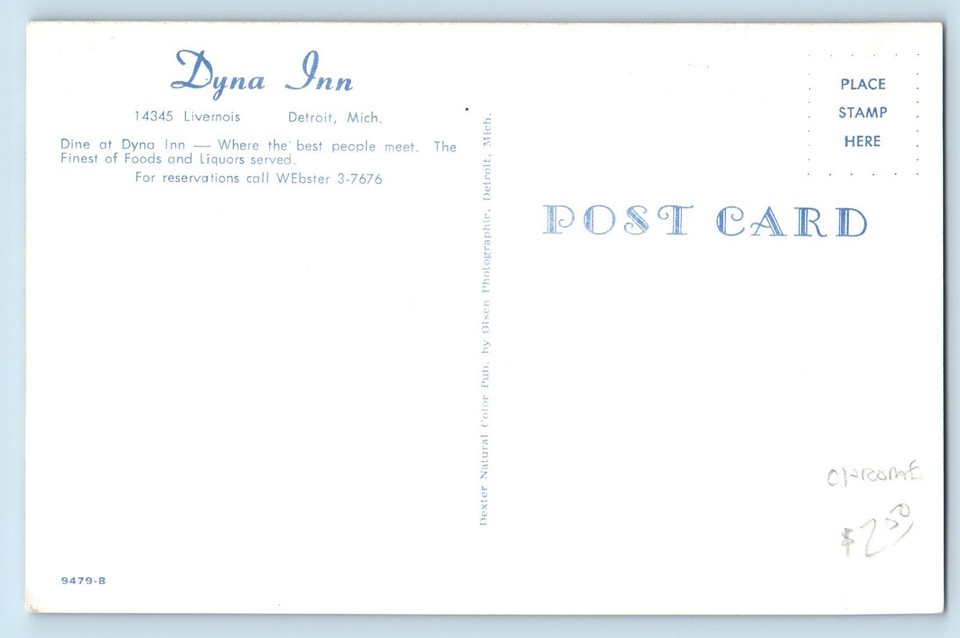 Detroit Michigan Postcard Dyna Inn Livernois Interior Restaurant c1960 ...