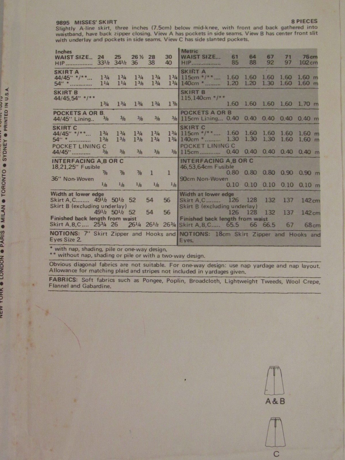 Lovely VTG 80s VOGUE 9895 Misses A-Line Skirt in 3 Versions PATTERN 25W ...