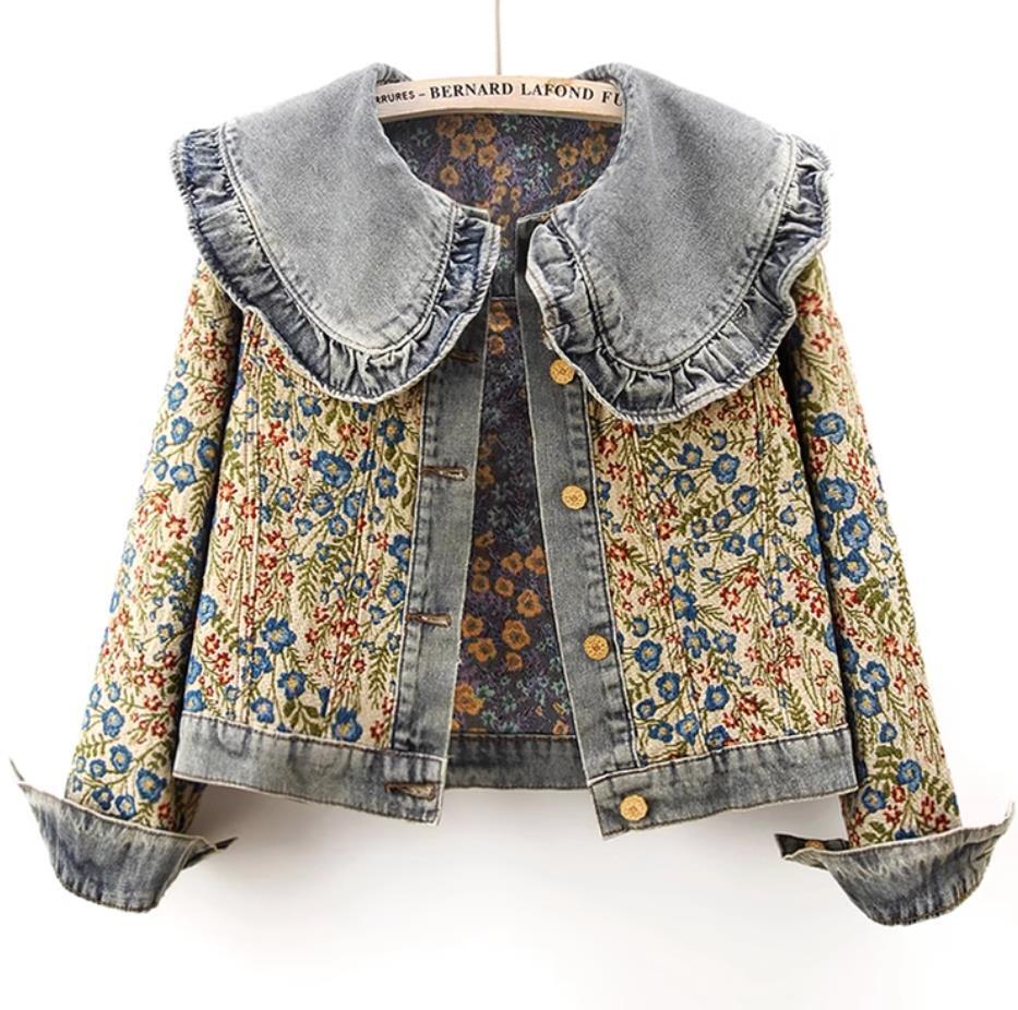 Women's Blue Denim Jean Jacket Big Lapel Collar Floral Decor Button ...