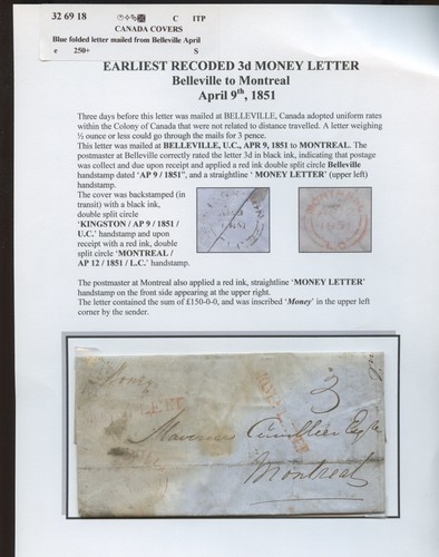 🍁 EARLIEST REPORTED MONEY LETTER $$$ rough but RARE 1851 stampless ...