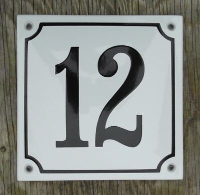 HOUSE NUMBER, 12 CLASSIC ENAMEL SIGN. BLACK No.12 ON A WHITE BACKGROUND ...