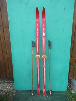 GREAT VINTAGE Wooden 69" Snow Skis RED Finish + Poles GREAT DECORATION ...