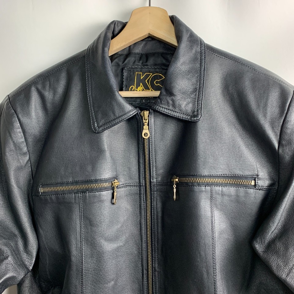 KC Collection Jacket Black Leather Collared Zip Side Buckle Design ...