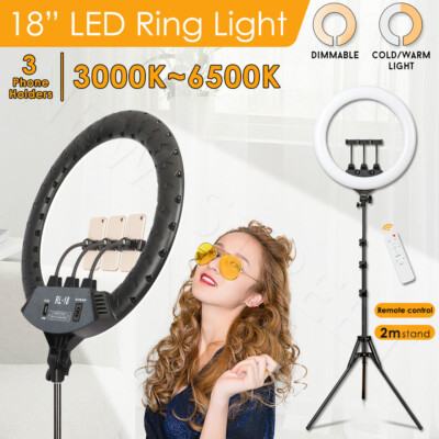 18" Dimmable LED Ring Fill Light Stand Tripod Bluetooth Phone Holder ...