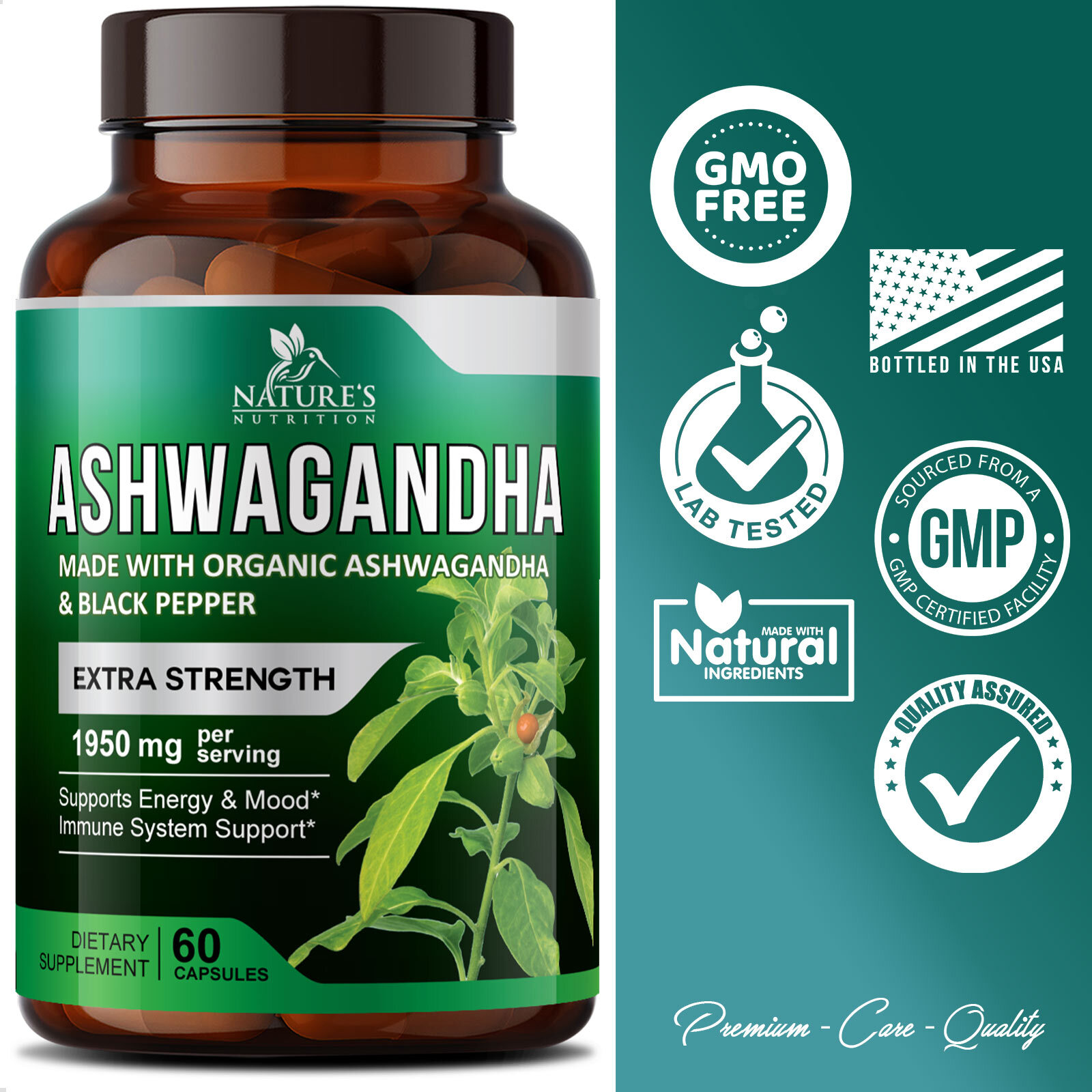 Organic Ashwagandha Capsules 1300mg Supplement w/ Black Pepper Root ...