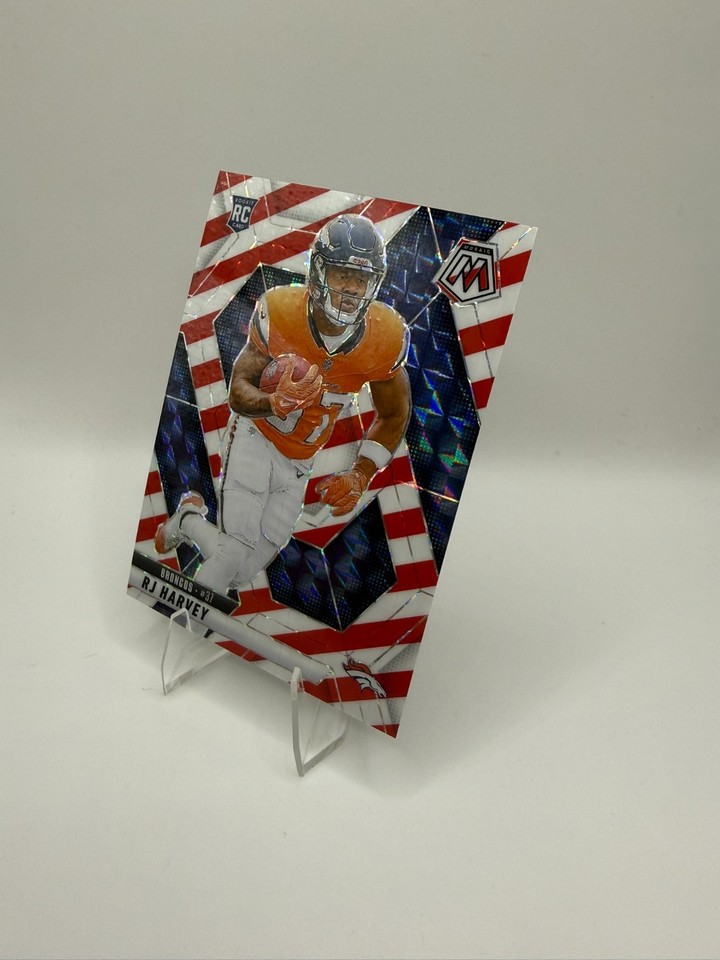 Denver Broncos RJ Harvey - 2025 Panini Mosaic #375 Red White Stripe RC ...